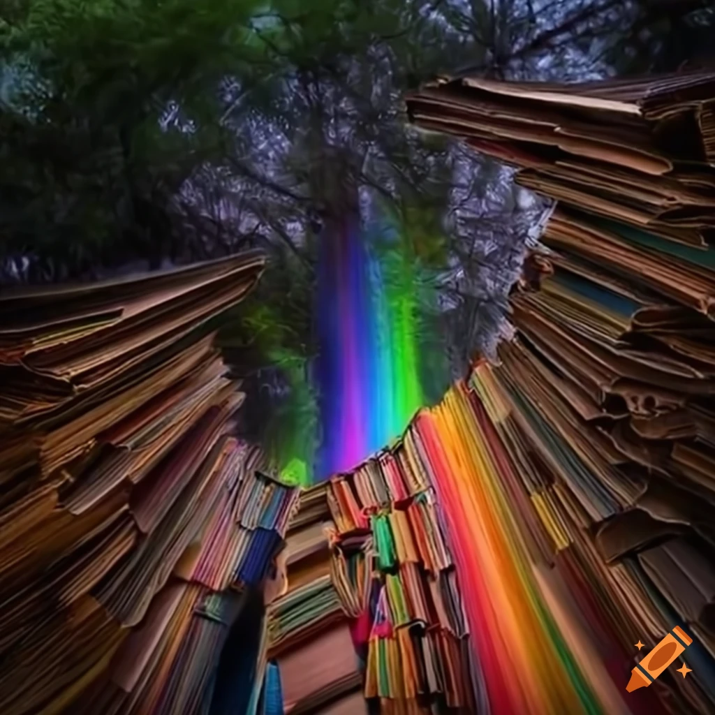 Colorful books stacked as a rainbow in a forest of books on Craiyon