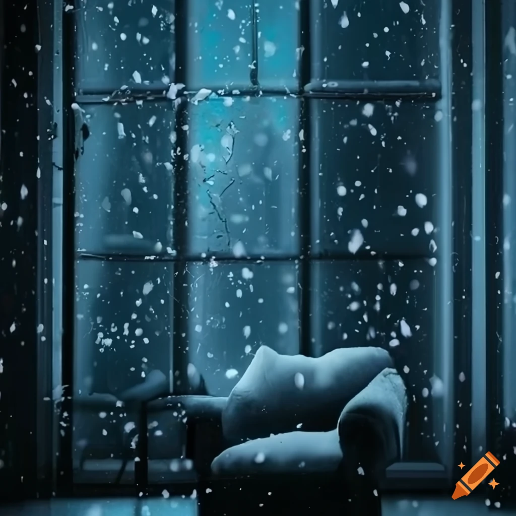 Living room with windows and snow falling outside on Craiyon