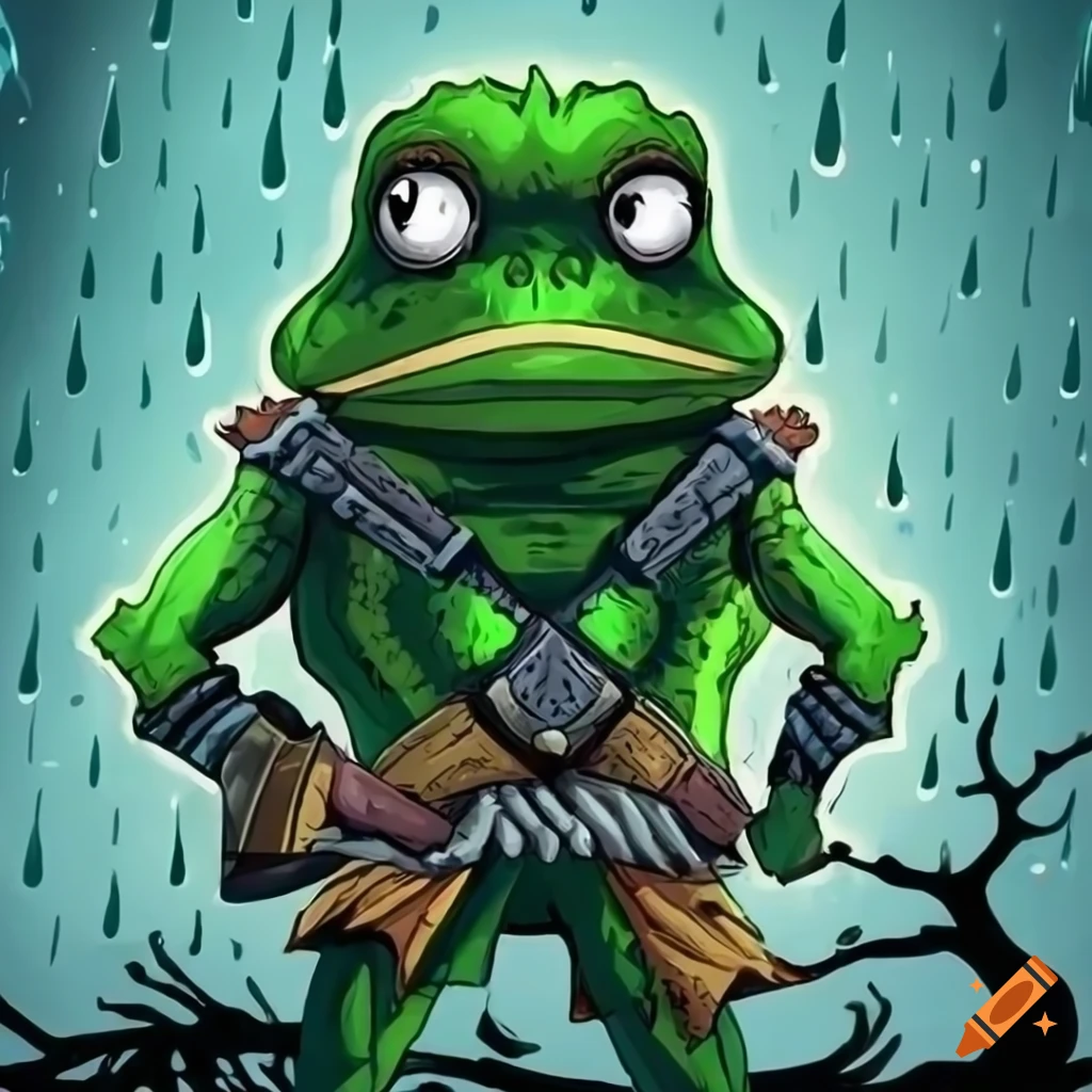 Cartoon black frog warrior in the rain on Craiyon