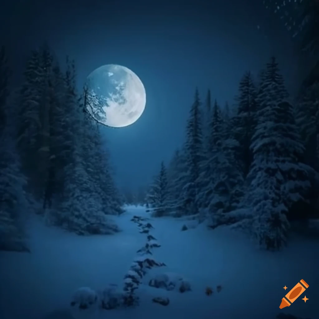 Winter forest at night under a new moon phase on Craiyon