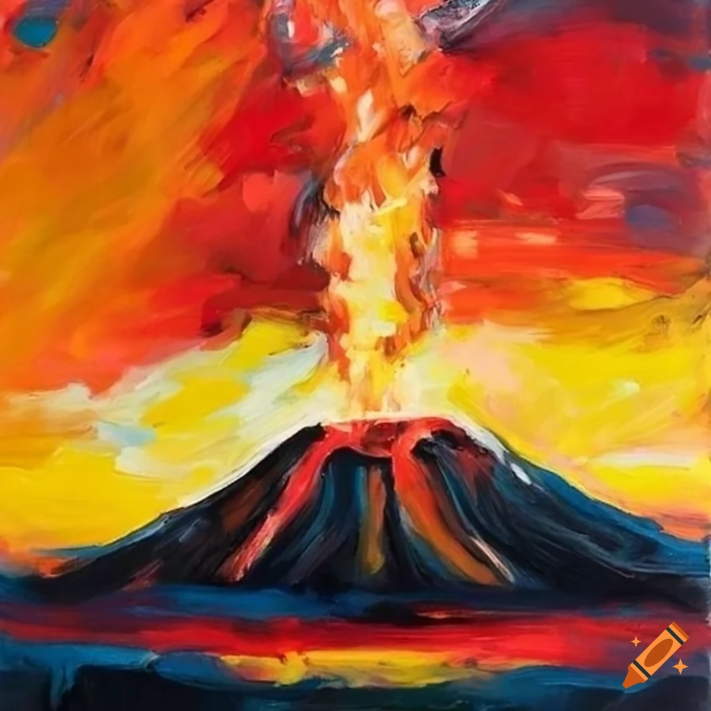 Sunset over a volcano in an expressionist painting on Craiyon