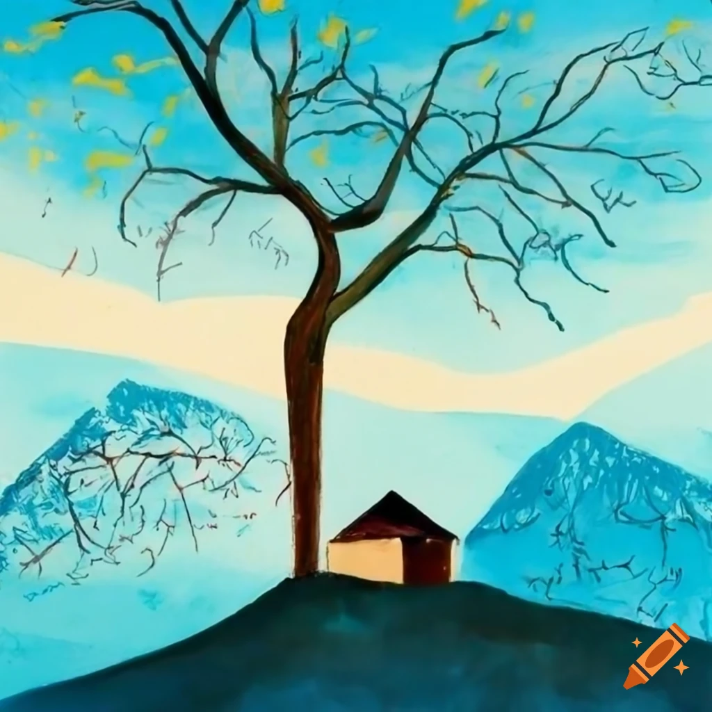 Cubist drawing of tree and hut on a hill on Craiyon