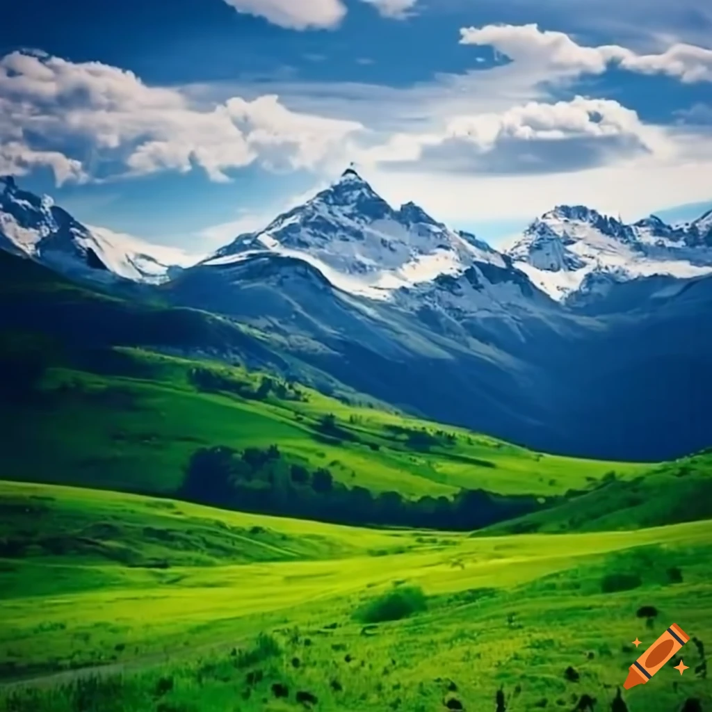 Scenic border between snowy mountains and green pastures on Craiyon