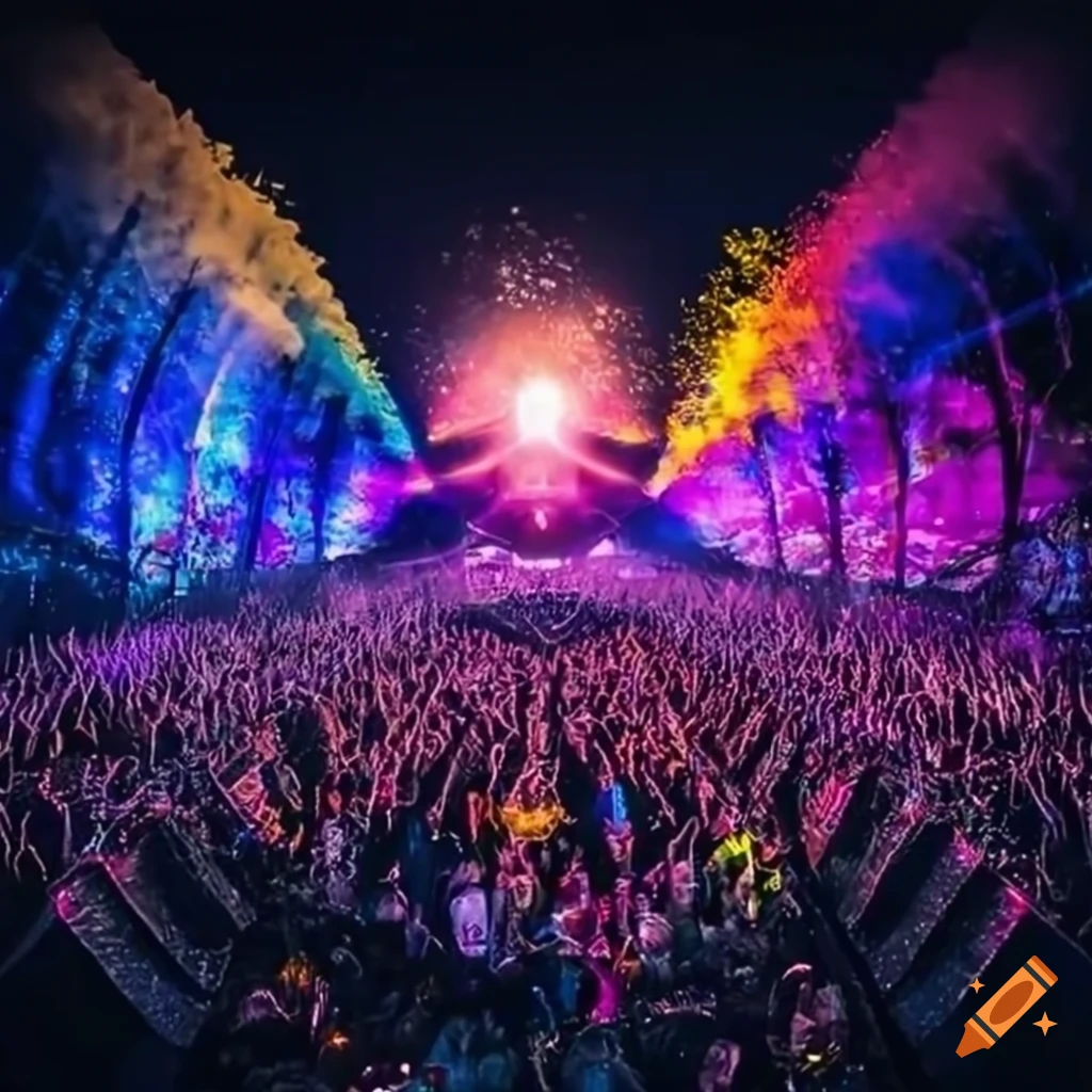 Upbeat trance music festival with moving lights and vibrant colors at ...