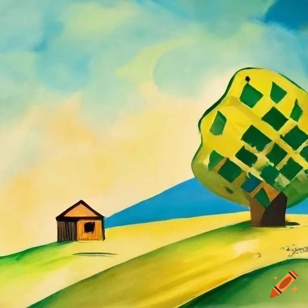 Cubist drawing of tree and hut on a hill on Craiyon