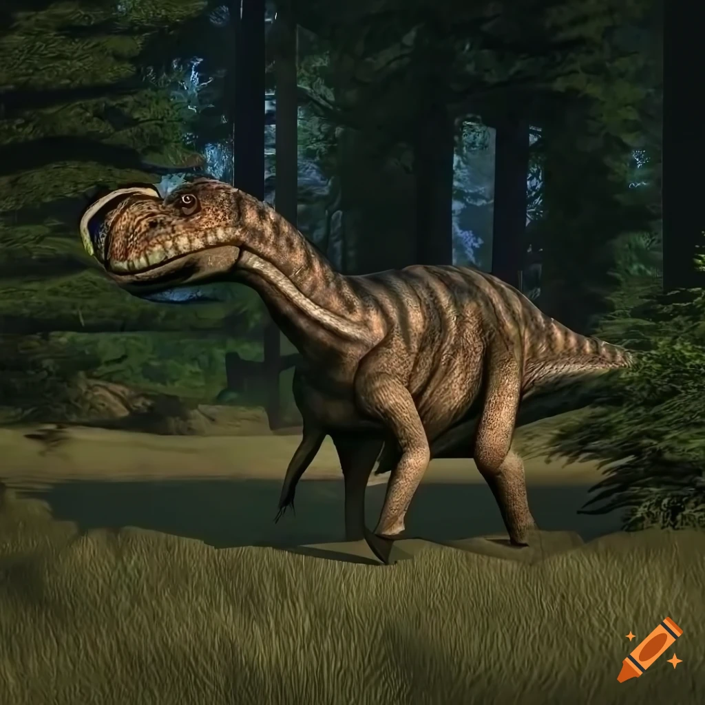 Hefty Hadrosaurus dinosaur in a cedar forest environment on Craiyon