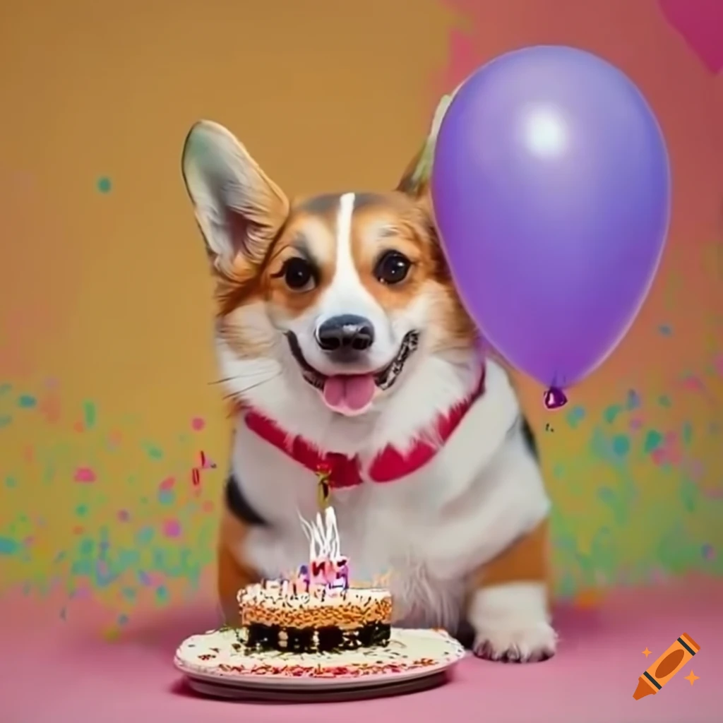 Playful corgi dog at a colorful birthday party with cake and balloons ...