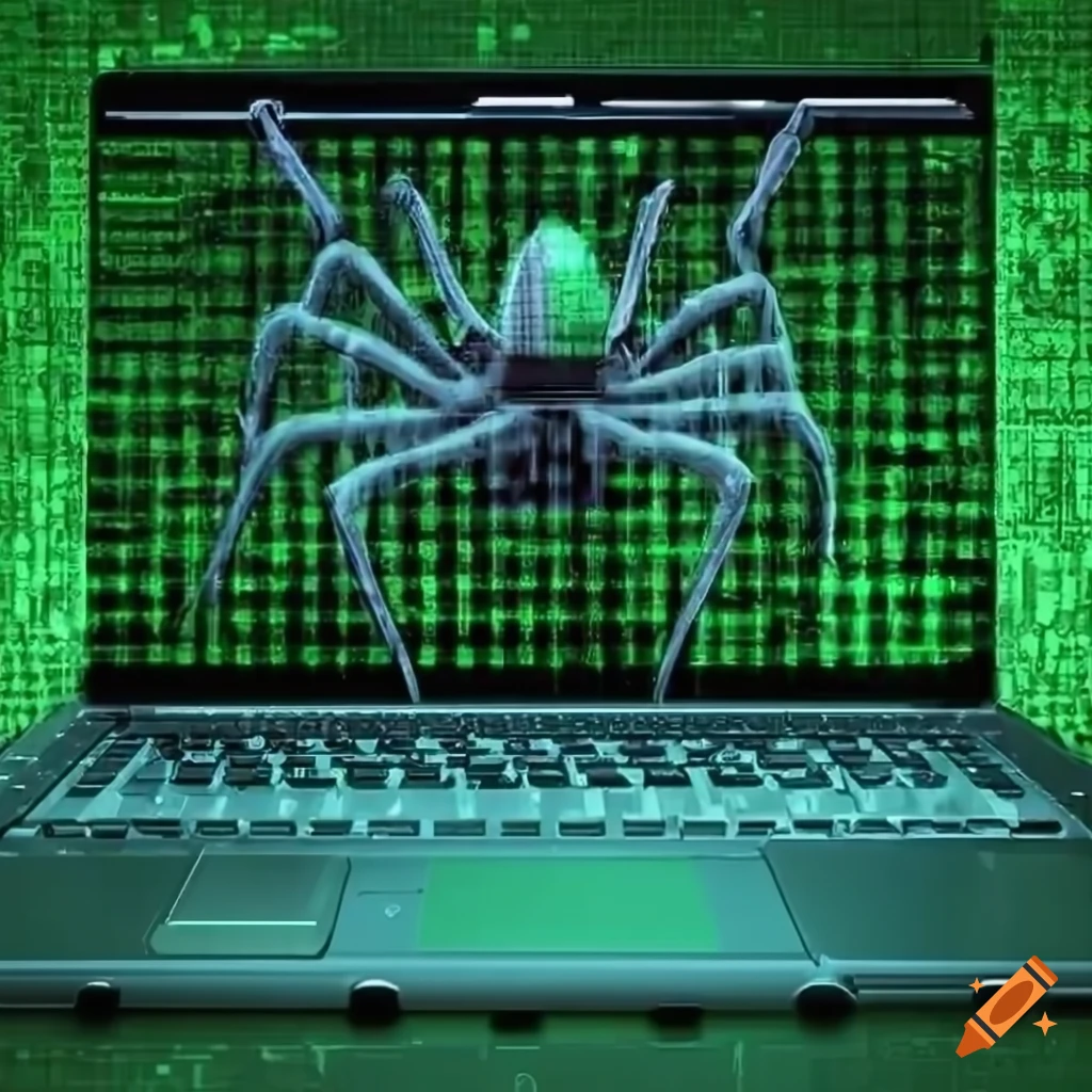 Futuristic sci-fi spider hacking a laptop with green matrix-style text ...
