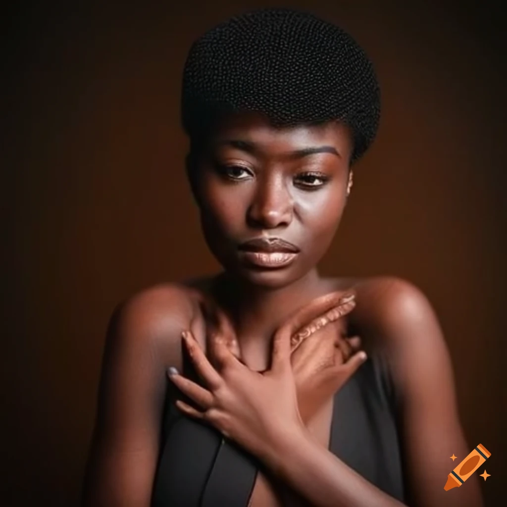 Front view of an african woman with hands on chest in a minimalist ...