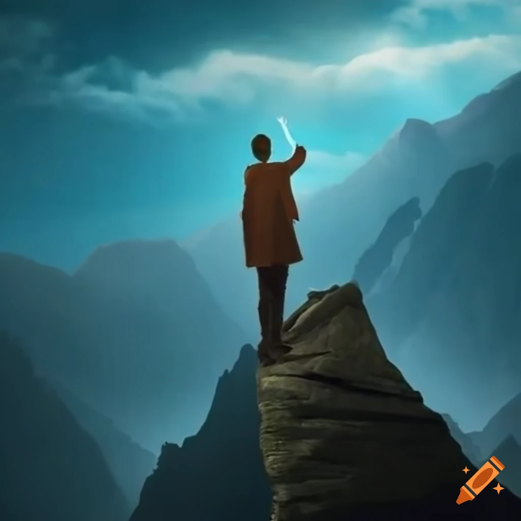 Male character looking out over a mountain ledge with inspirational ...