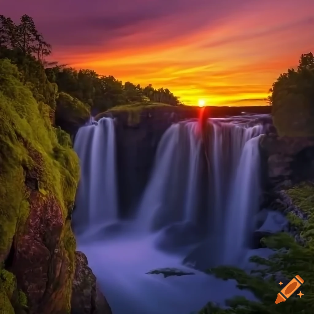 Vivid high-definition sunset waterfall in 8k resolution on Craiyon