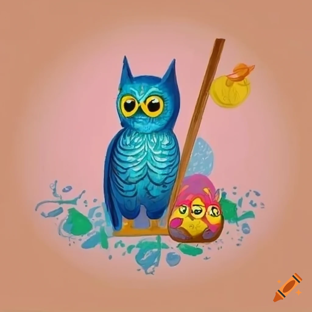 Two cute owls at an easel drawing words hoot and hue on Craiyon