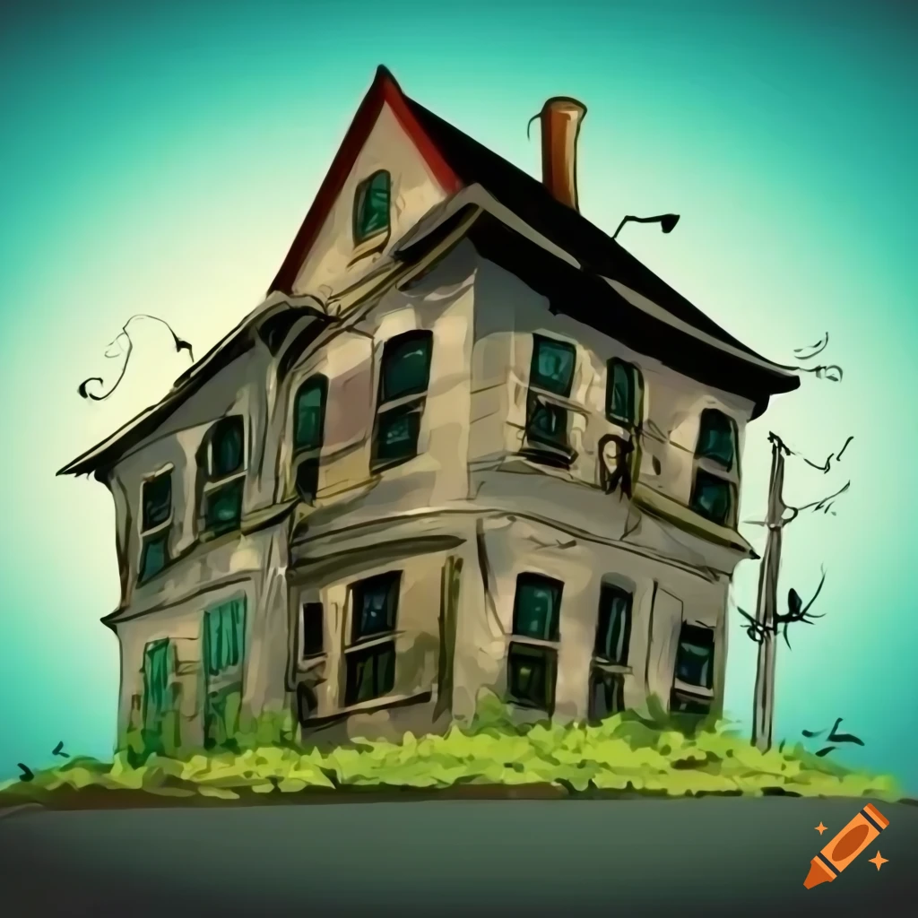 Cartoon of a two-story dilapidated house on a street corner on Craiyon