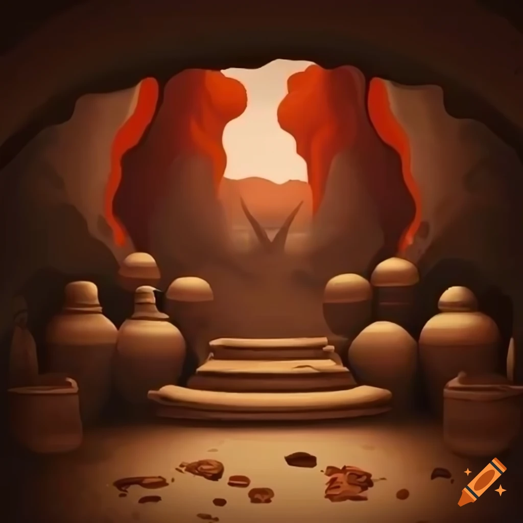 Workshop with clay pots in a cave for 2d video game background on Craiyon
