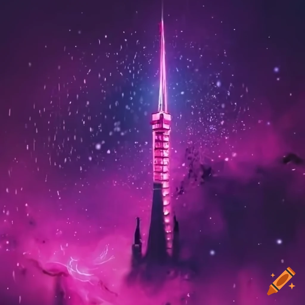 Nebula with tall tower, rain droplets, and neon-lit cityscape on Craiyon