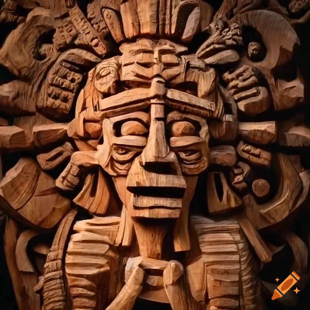 Abstract aztec-themed god wooden carving on Craiyon
