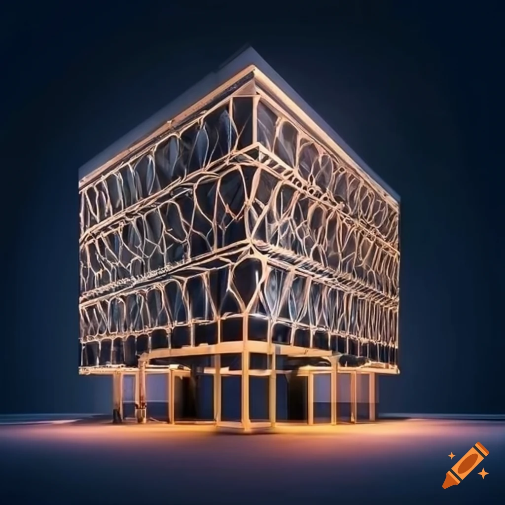 Facade design of a commercial complex made of orchid leaves with metal frames and backlight on ...