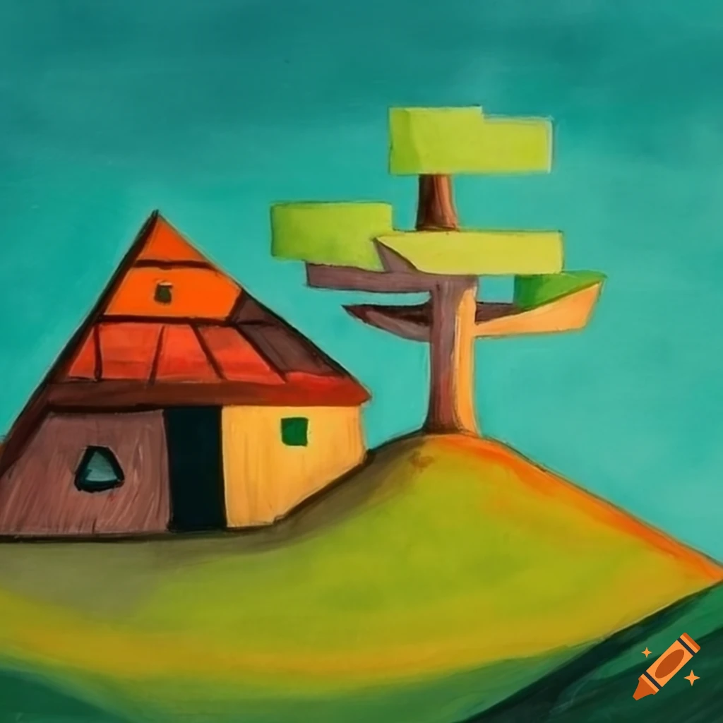 Cubist drawing of a tree and hut on a hill on Craiyon