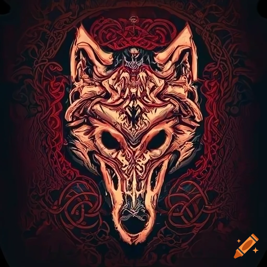 Celtic and nordic wolf skull logo with vibrant red and orange hues on ...