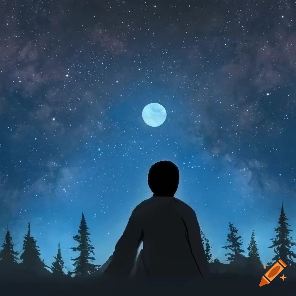 Man sitting and looking at starry sky in a moonlit forest on Craiyon
