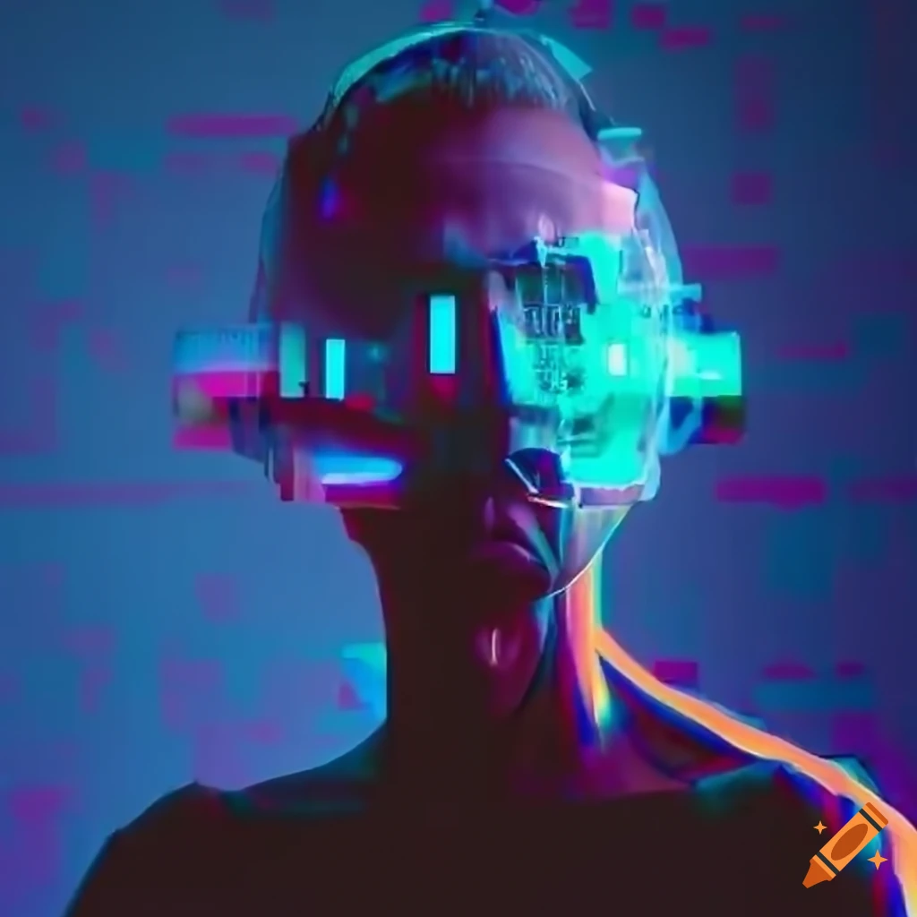 Glitchy photorealistic image of a man in futuristic streetwear with ...