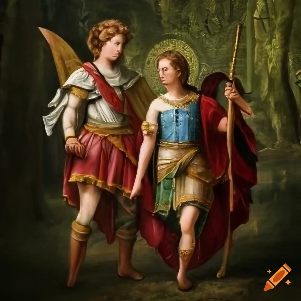 Saint george and saint michael standing in a forest on Craiyon