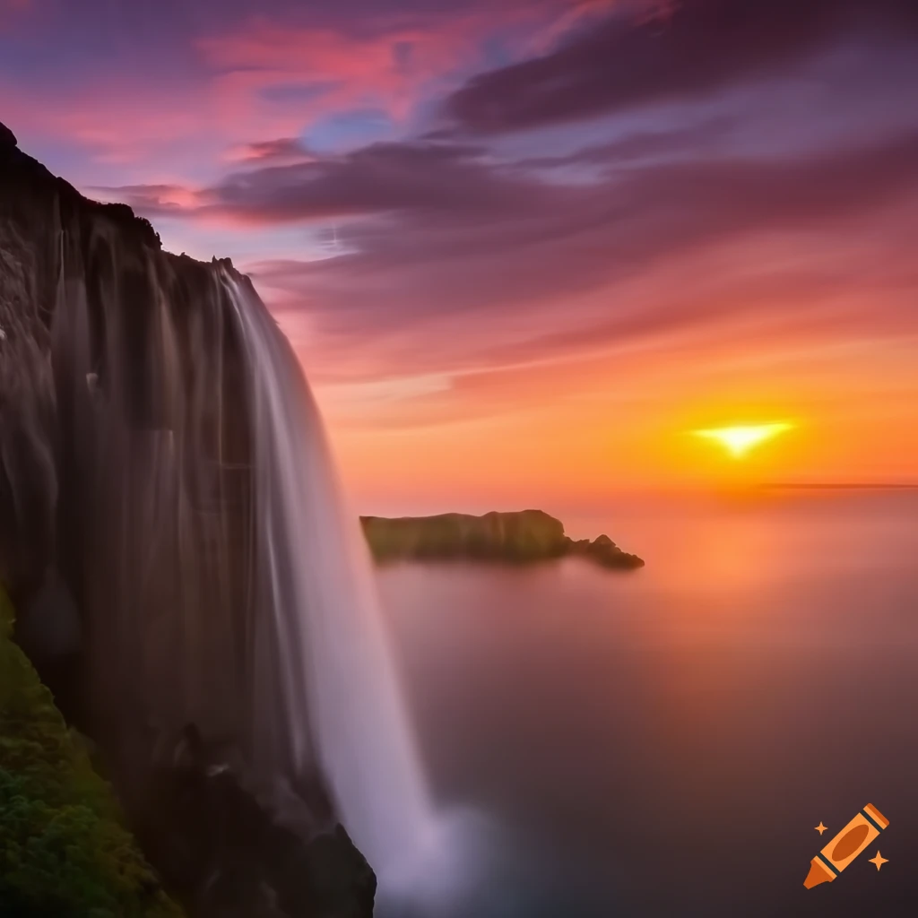 Vivid high-definition sunset waterfall in 8k resolution on Craiyon