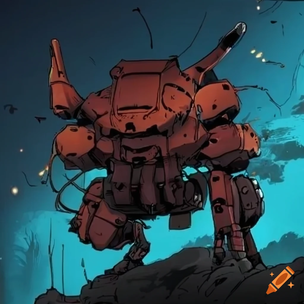 Graphic novel illustration of a mech on Craiyon