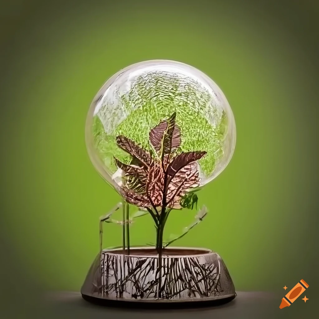 Unique glass dome with intricate design housing a plant with silvery ...