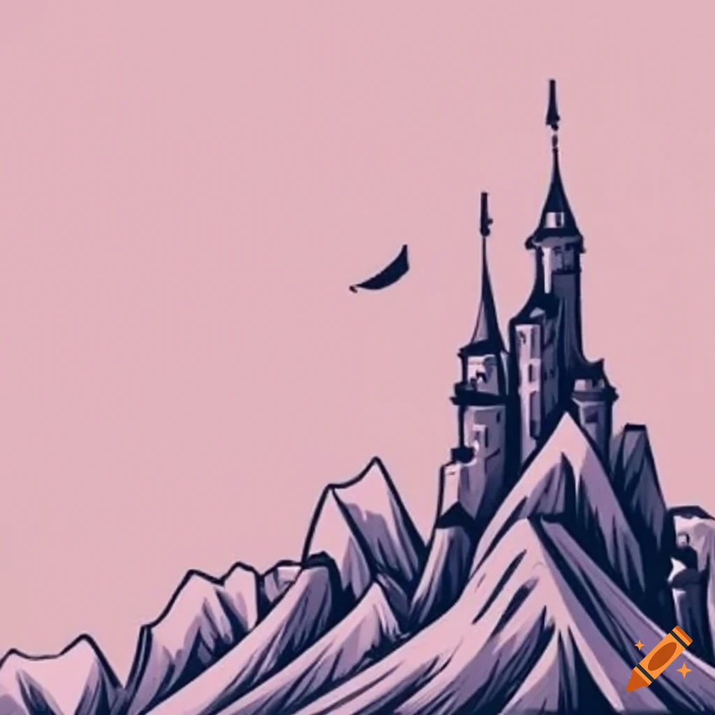 Landscape line illustration of a mountain castle on Craiyon