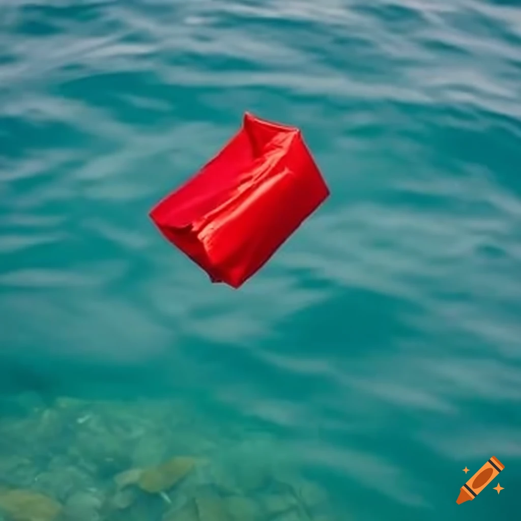 Bright red plastic grocery bag floating in the ocean on Craiyon