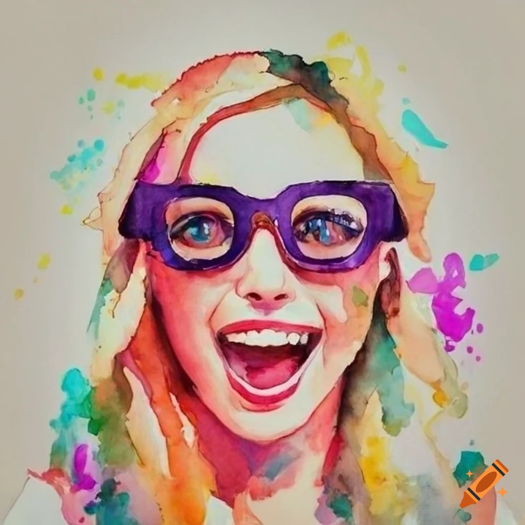 Happy young woman with stylish glasses in a watercolor painting on Craiyon