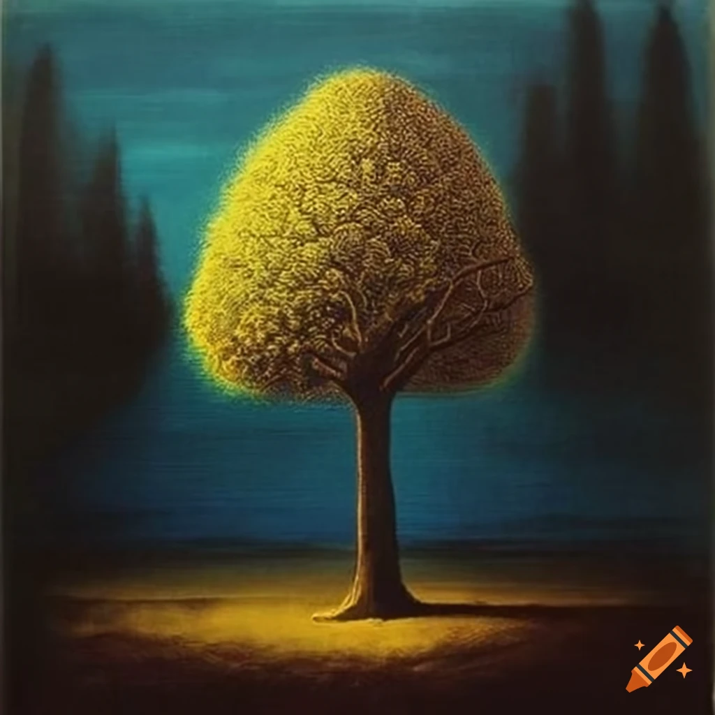 Tree with twisting branches and fish rain by rene magritte on Craiyon