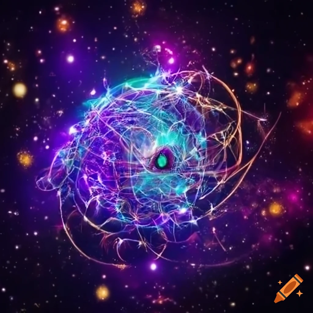 Lovers connected by quantum entanglement with vibrant orbs and sparkling stars on Craiyon