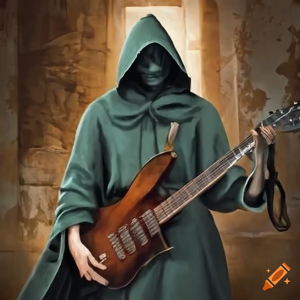 Hooded sage playing an electric guitar in a medieval setting on Craiyon