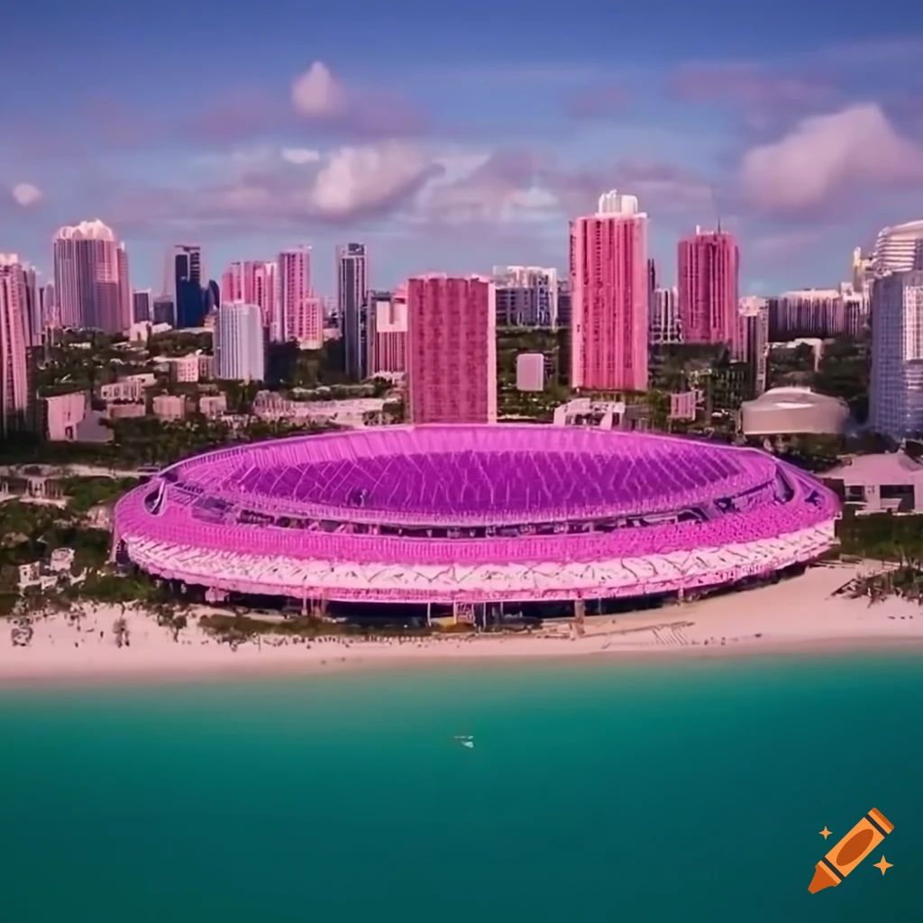 Pink stadium on the seashore with a miami-like city and seashell statue ...