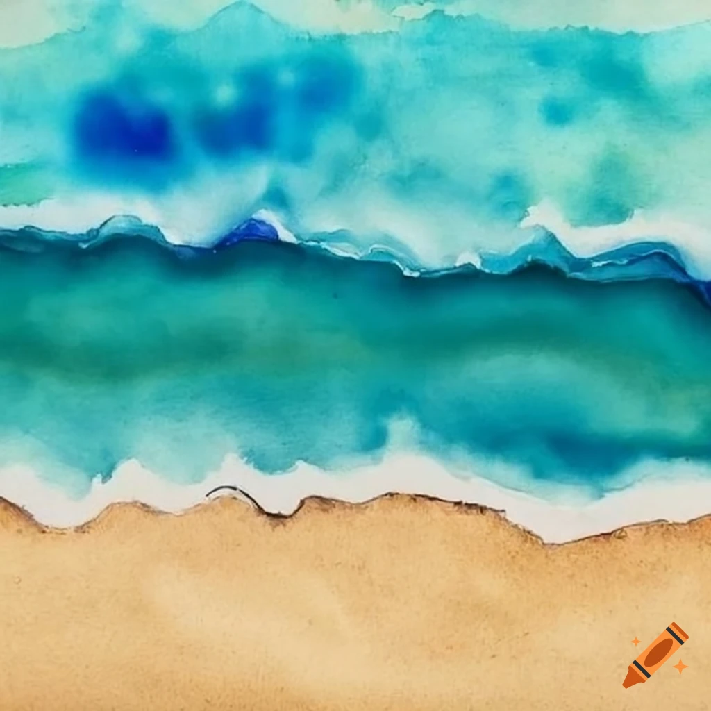 Realistic watercolor painting of beach with blue and green waters and ...
