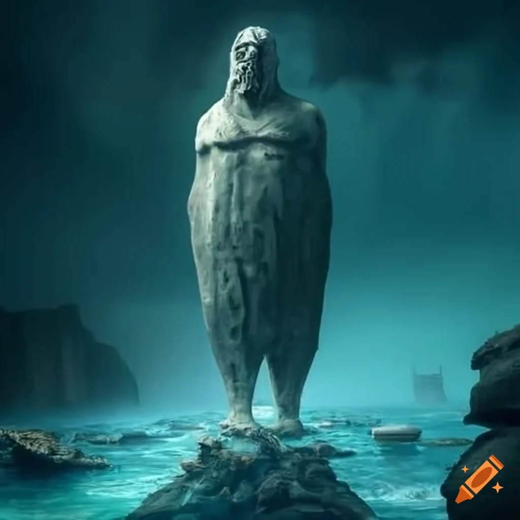 Apocalyptic ancient giant statue rising from the ocean on Craiyon
