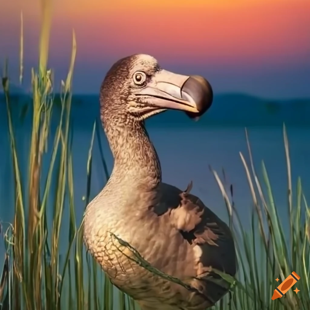 Dodo bird standing in tall grass in front of a blue pond with sunset in ...
