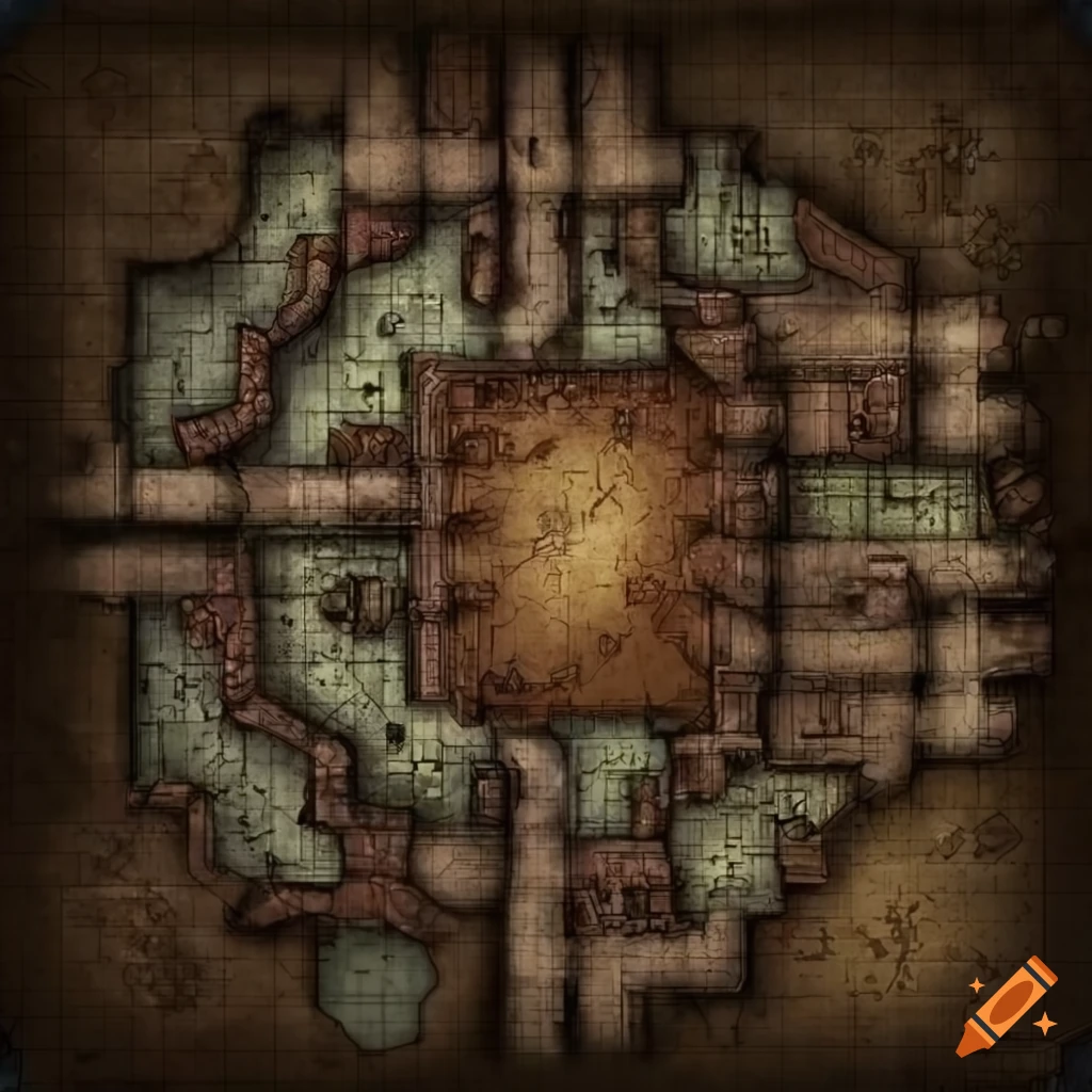 Top-down view of a subterranean dwarven ruin battle map for D&D on Craiyon