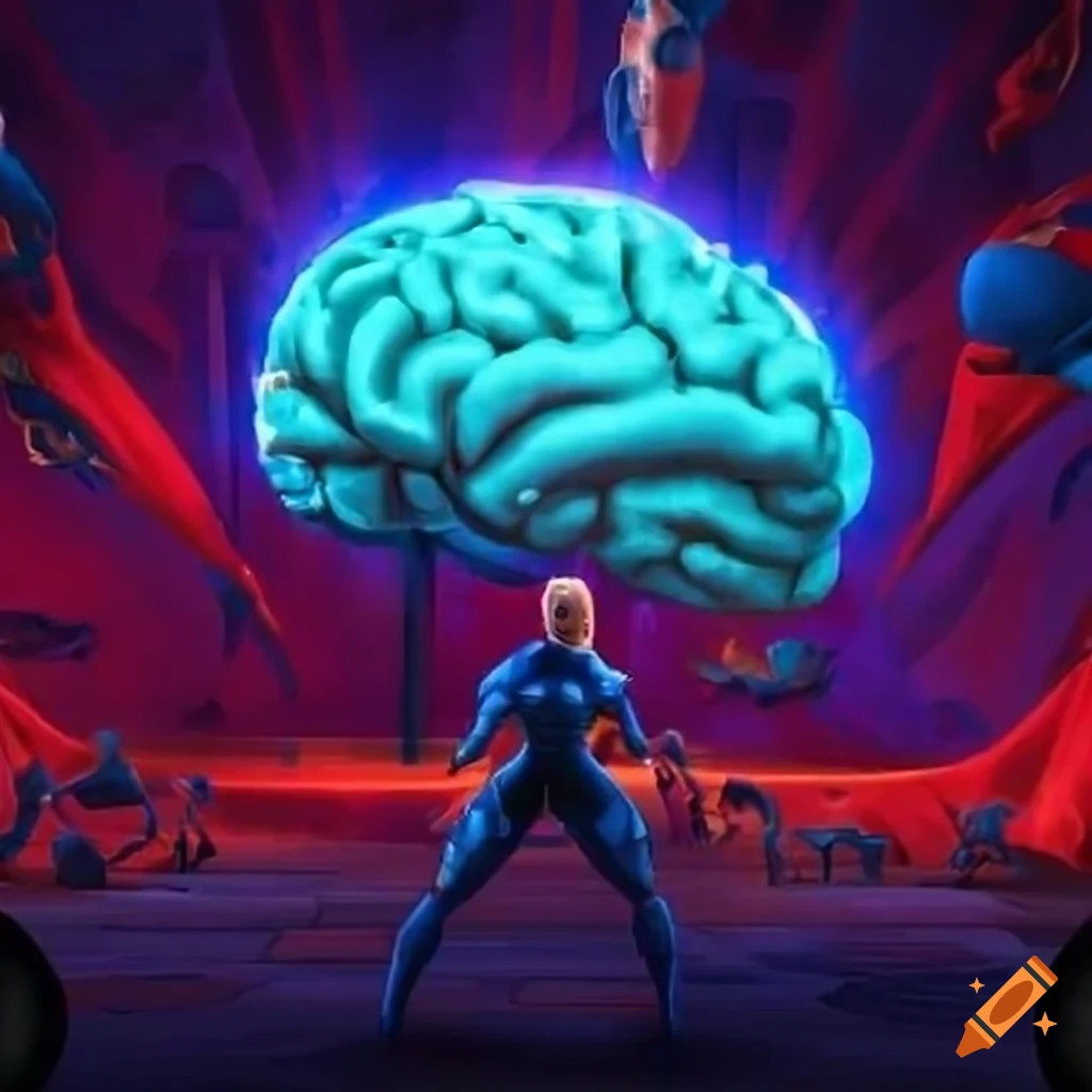 Superhero lair with a giant brain in the background on Craiyon