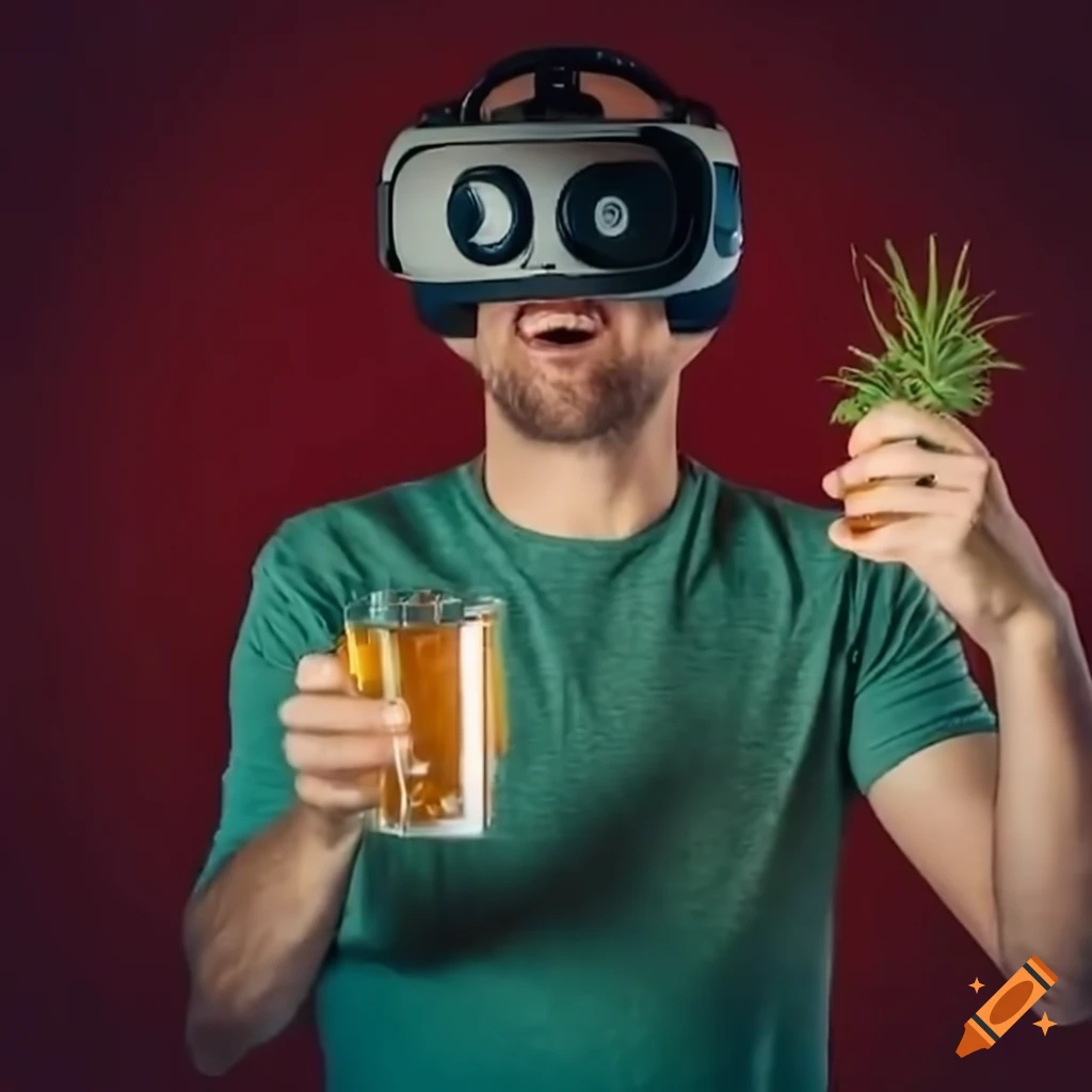 Man with vr headset enjoying beer and weed on Craiyon