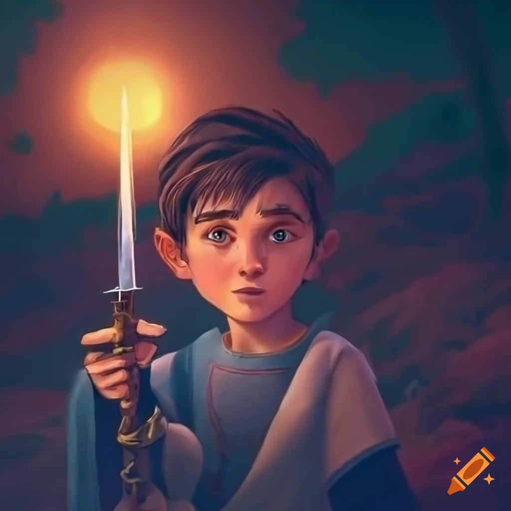 Young squire with a magic sword on a nighttime quest in the mountains on Craiyon