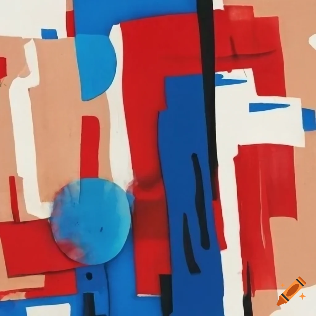 Abstract red, blue, white, and black collage from 1975 on Craiyon