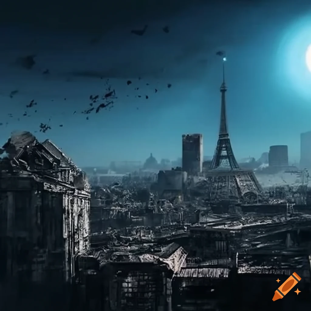 Post-apocalyptic paris city ruins in space with meteor strikes on Craiyon