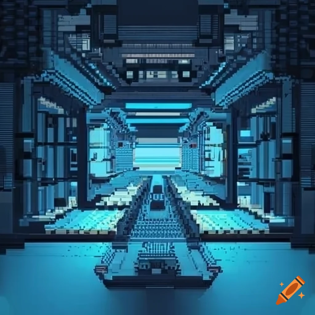 Detailed pixel art of futuristic tech laboratory with LED lighting on ...