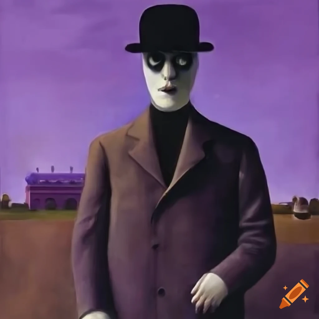 The residents dancing in a purple landscape inspired by magritte on Craiyon