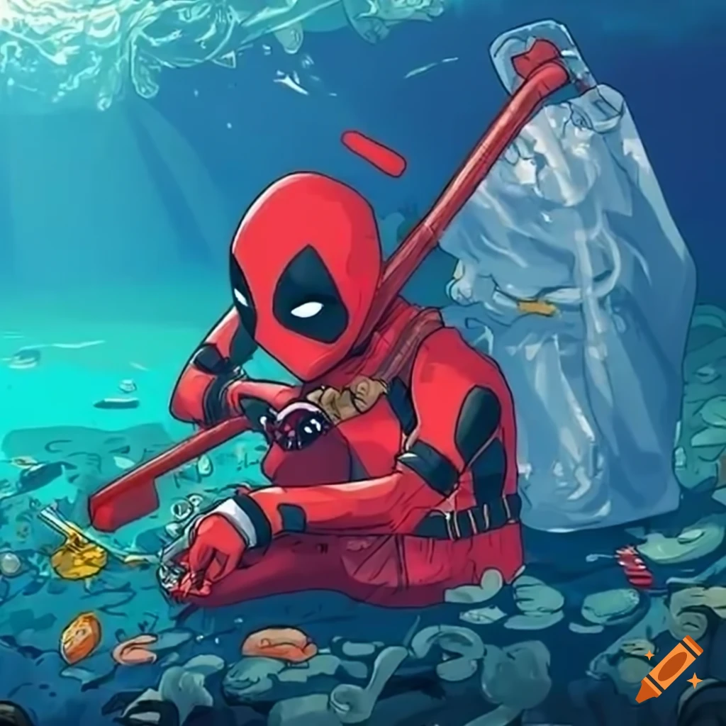 Cartoon of deadpool choking on plastic garbage under the ocean on Craiyon