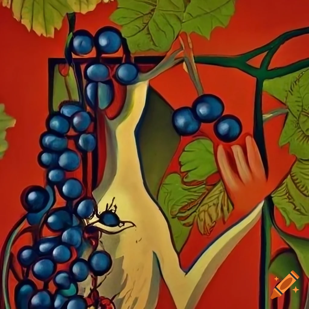 Woodblock print of Fox and Raven with grapes, grapevines, berries ...