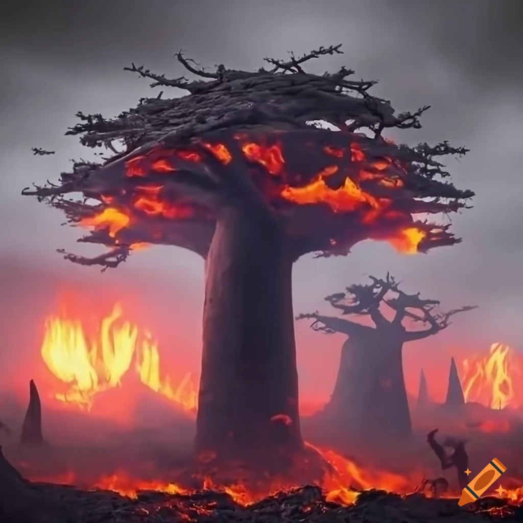 Apocalyptic baobab valley with flowing volcanic lava and magma on Craiyon